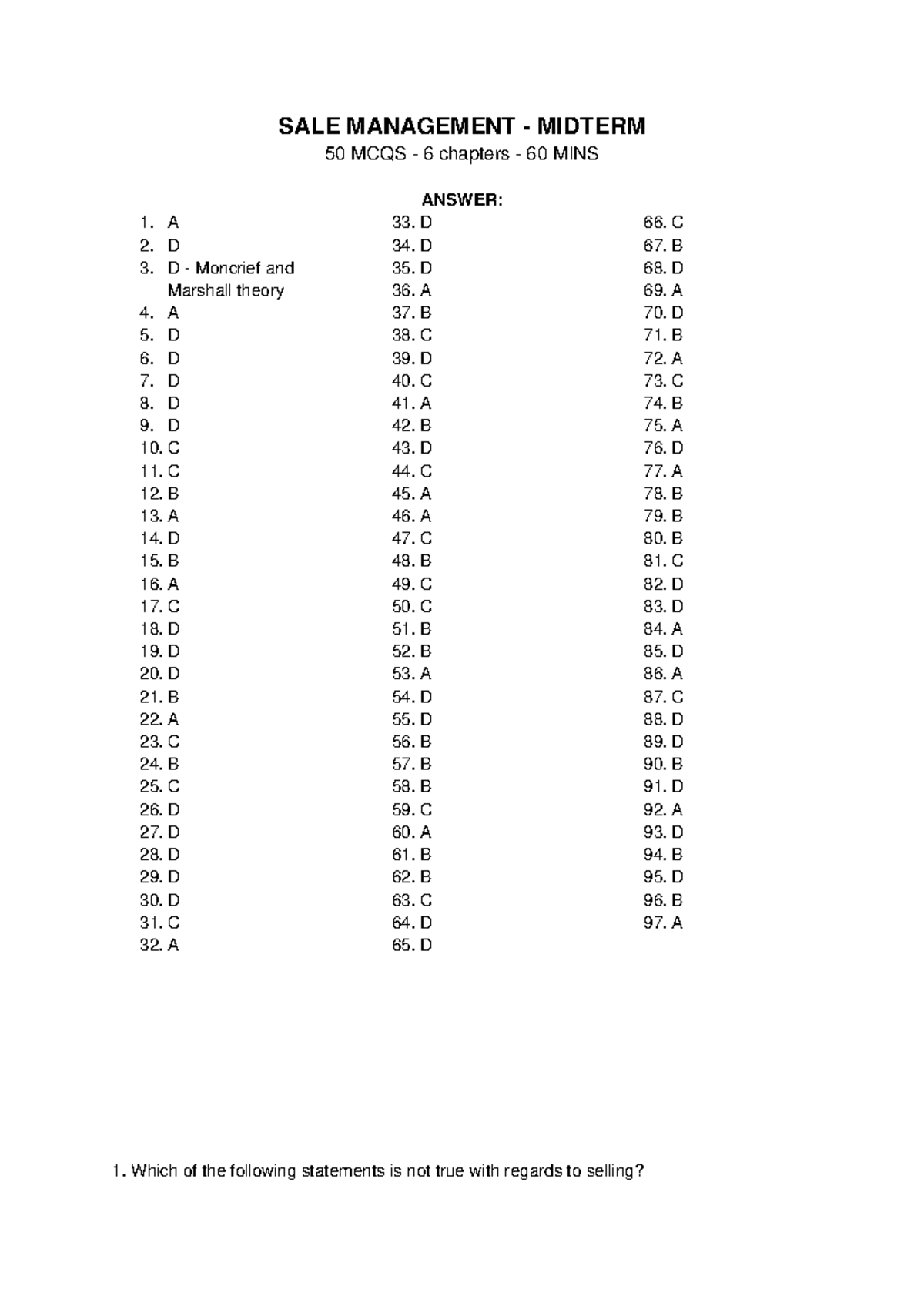 SALE MANAGEMENT MIDTERM MCQS: 50 Questions Across 6 Chapters - Studocu