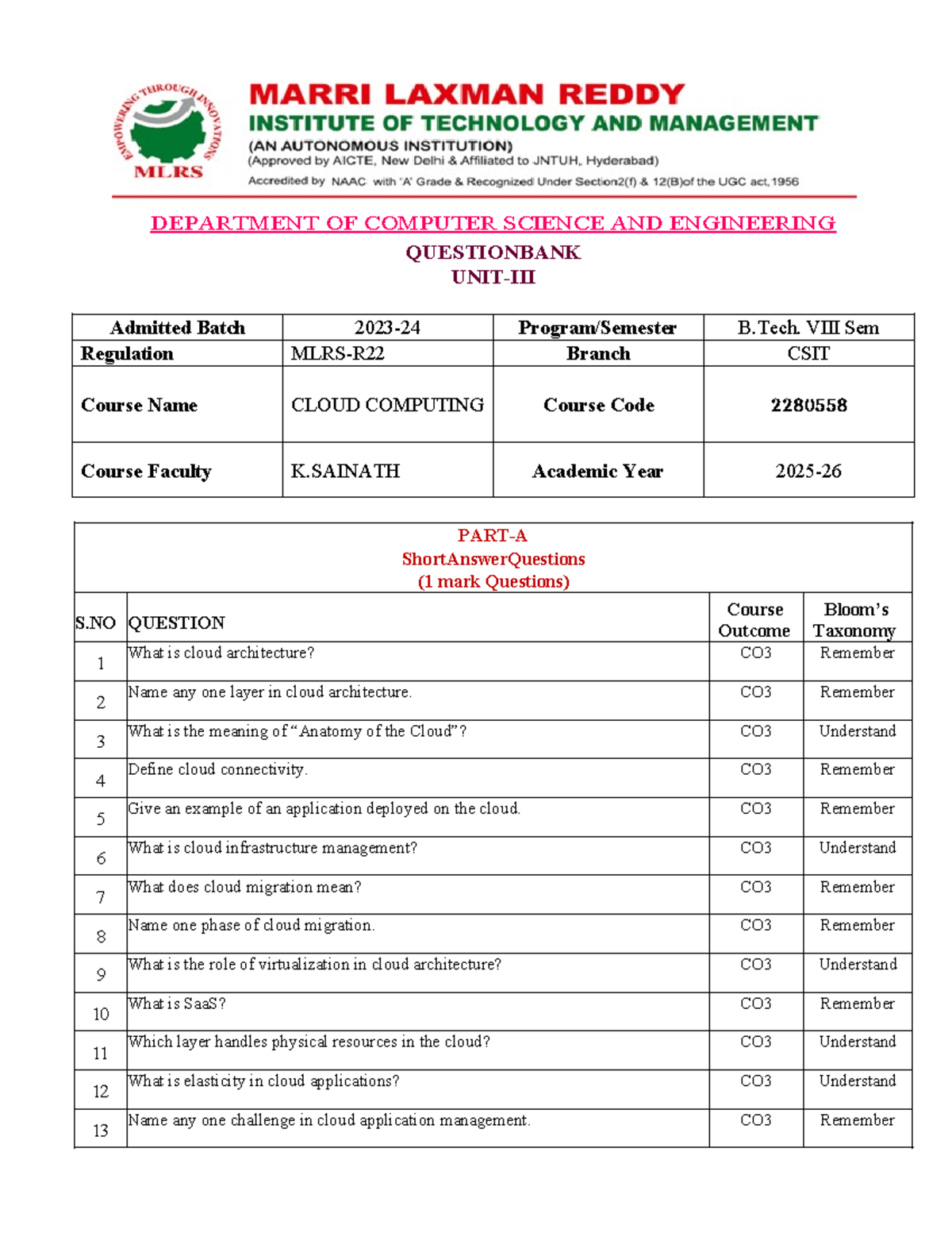 CLOUD COMPUTING QUESTION BANK & ASSIGNMENTS (Course Code: 2280558 ...