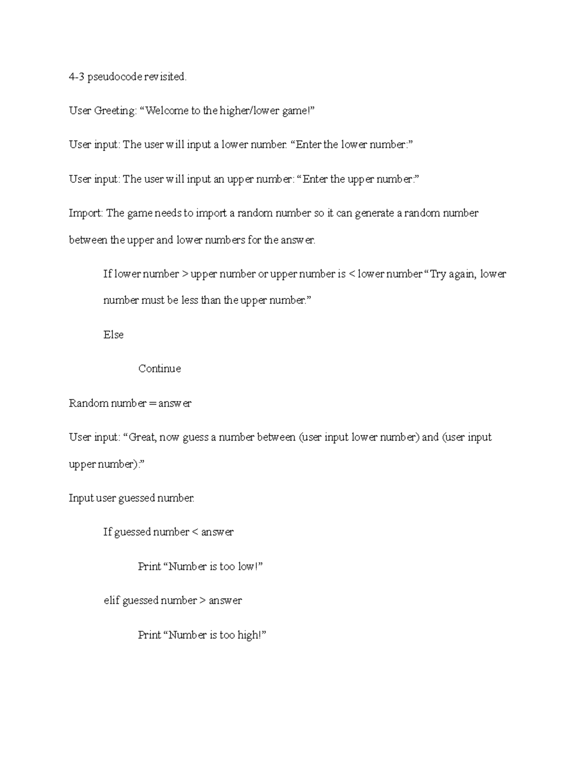 4-3 pseudocode revisited - User Greeting: “Welcome to the higher/lower ...