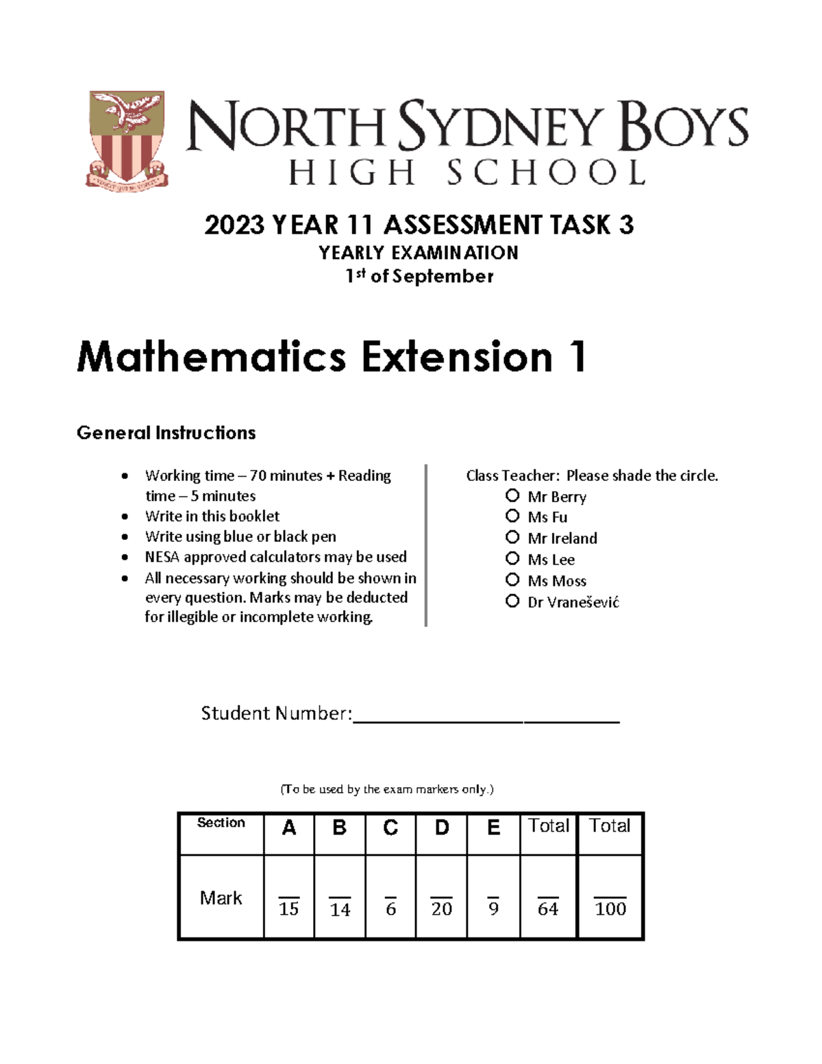 North Sydney Boys 2023 3U Prelim Yearly & Solutions - 2023 YEAR 11 ASSESSMENT TASK 3 YEARLY ...