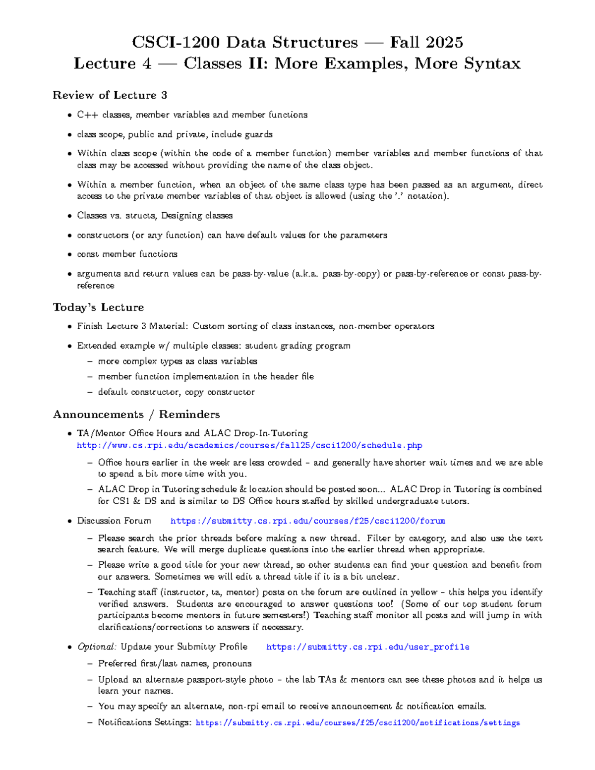 CSCI-1200 Data Structures — Fall 2025 Lecture 4: Classes II Overview and - Studocu