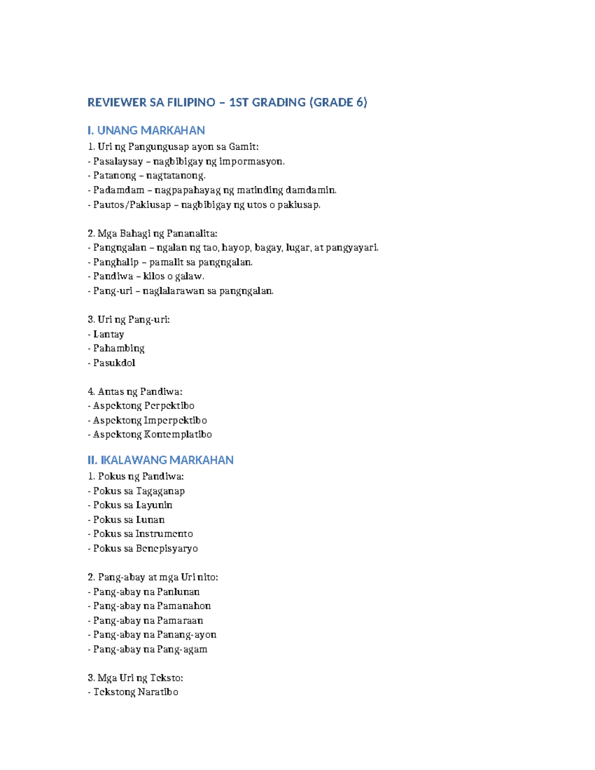 Filipino Reviewer: 1st Grading (Grade 6) Overview and Key Concepts ...