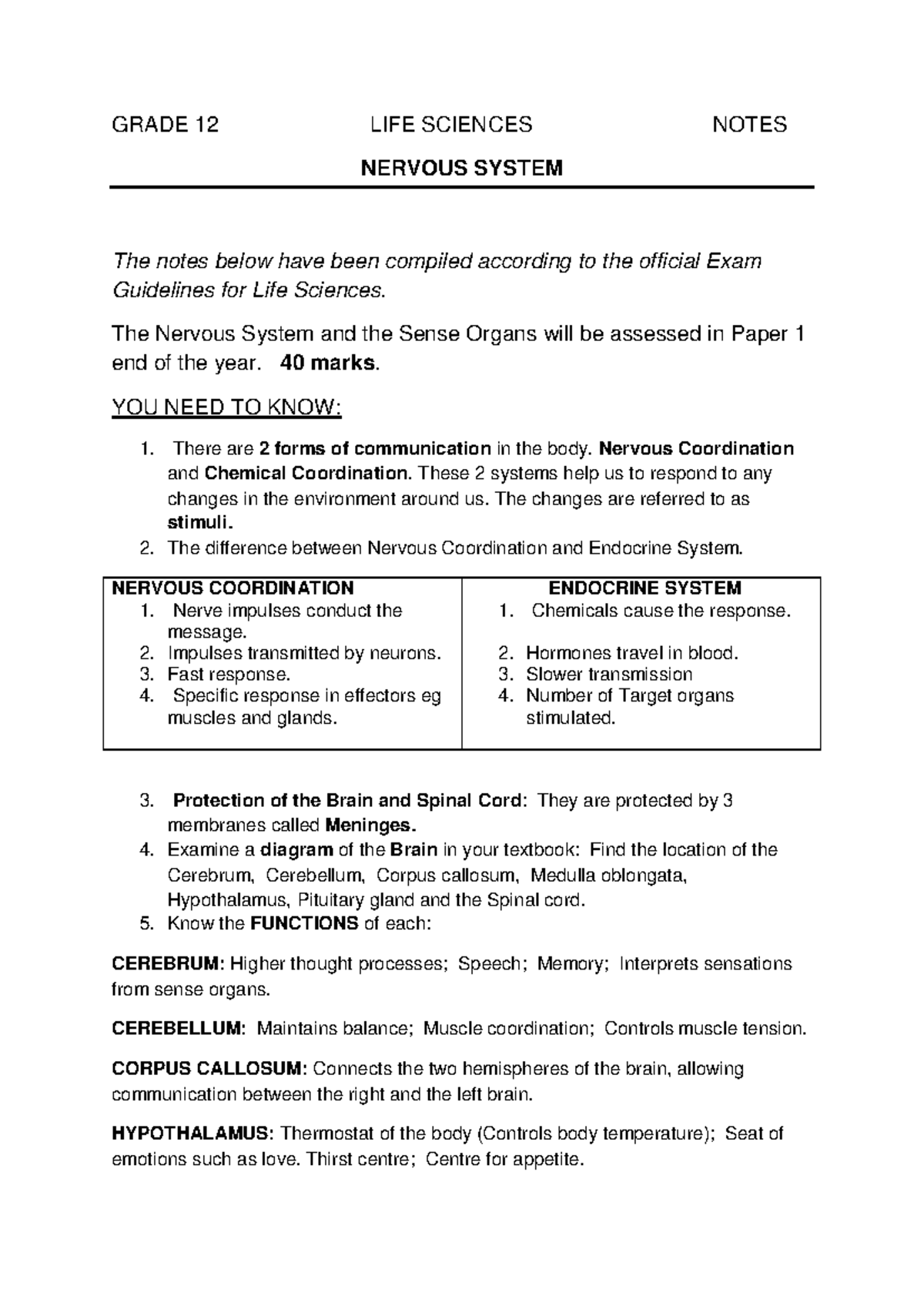 Grade 12 Life Sciences: Comprehensive Nervous System Notes 2024 - Studocu