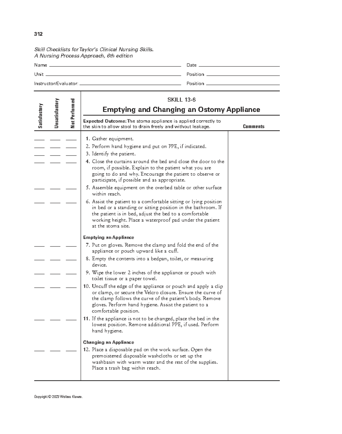N226 Emptying and Changing an Ostomy Appliance - 312 Skill Checklists ...
