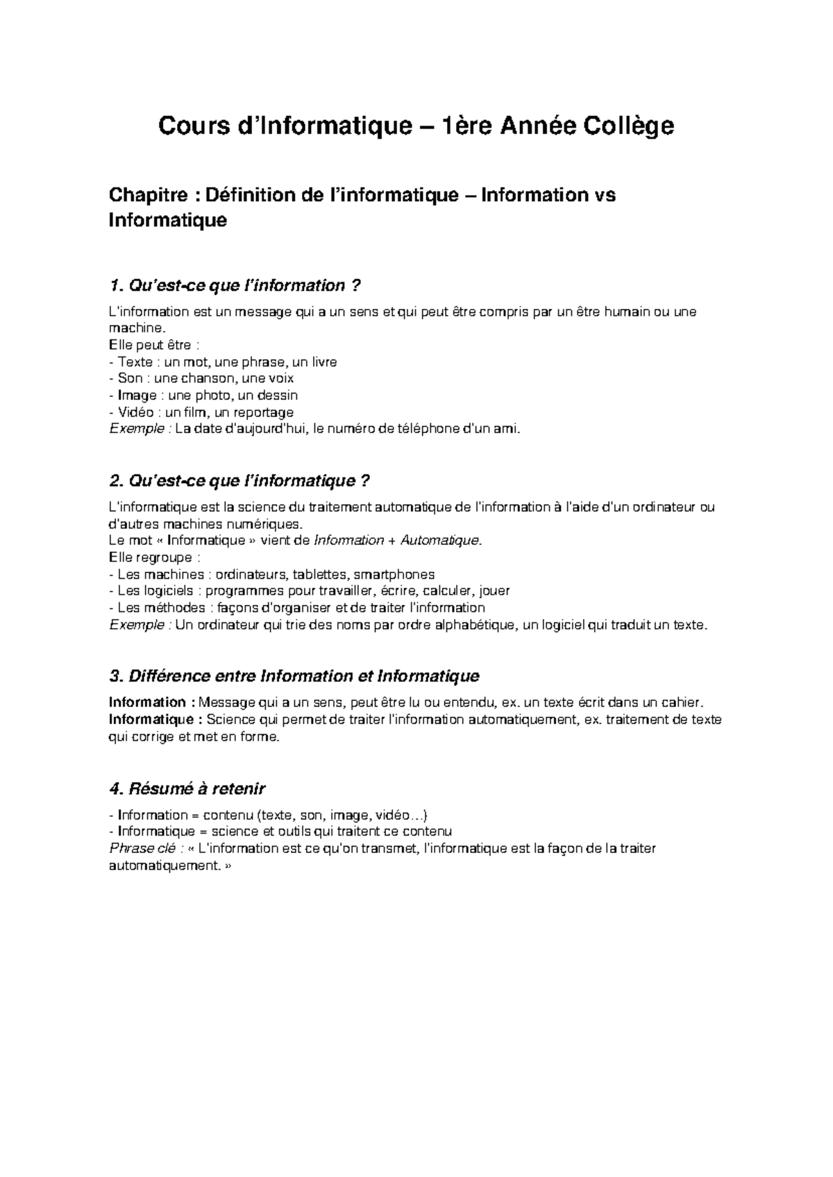 Cours 1AC Chapitre : Différences entre Information et Informatique - Studocu