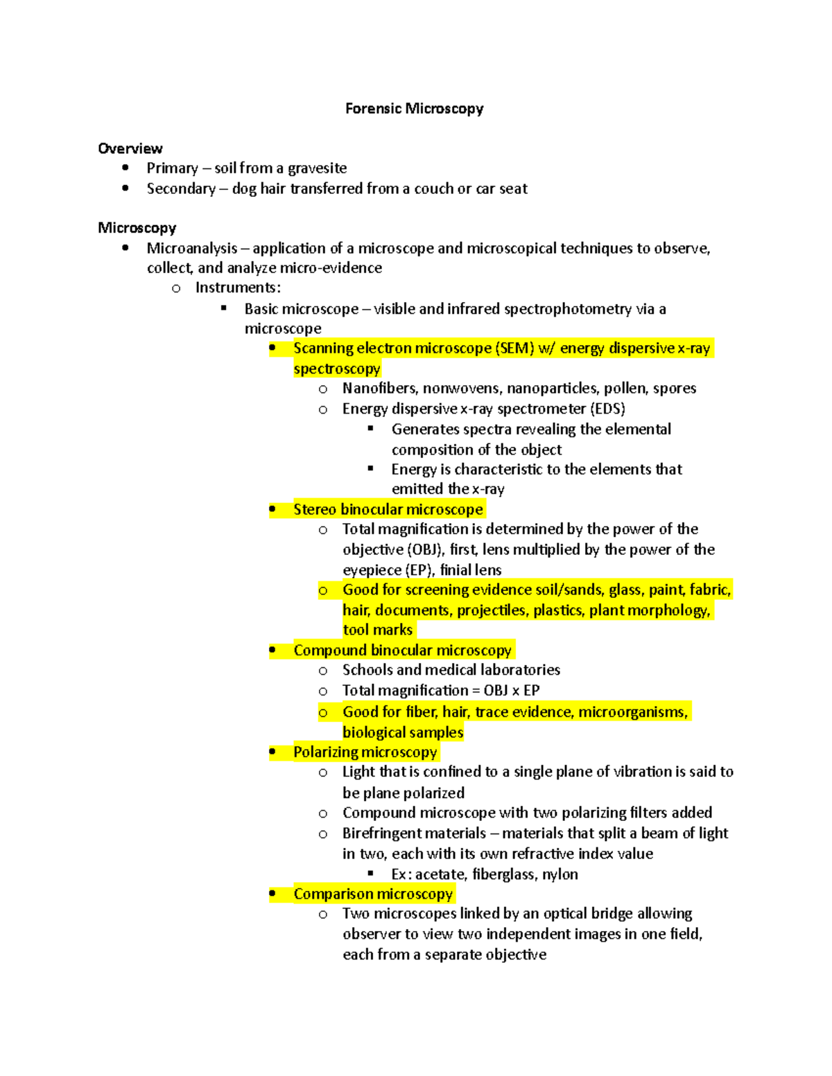 Forensic Microscopy (Exam 2 Material) - Forensic Microscopy Overview ...