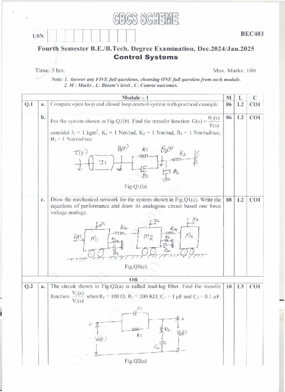 BEC403 - Model Question Paper for Control Systems Exam - Studocu
