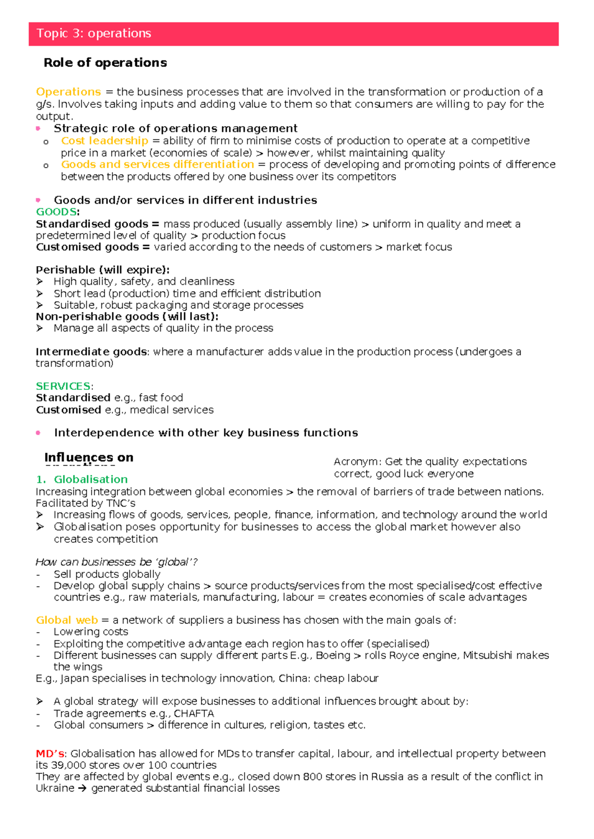 Operations Management: Strategic Role and Global Influences (BUS 101 ...