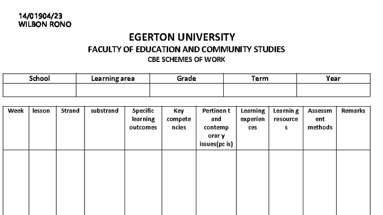Cbc schemes - Notes - Bed science - E14/01931/ DICKSON WAMALWA EGERTON ...