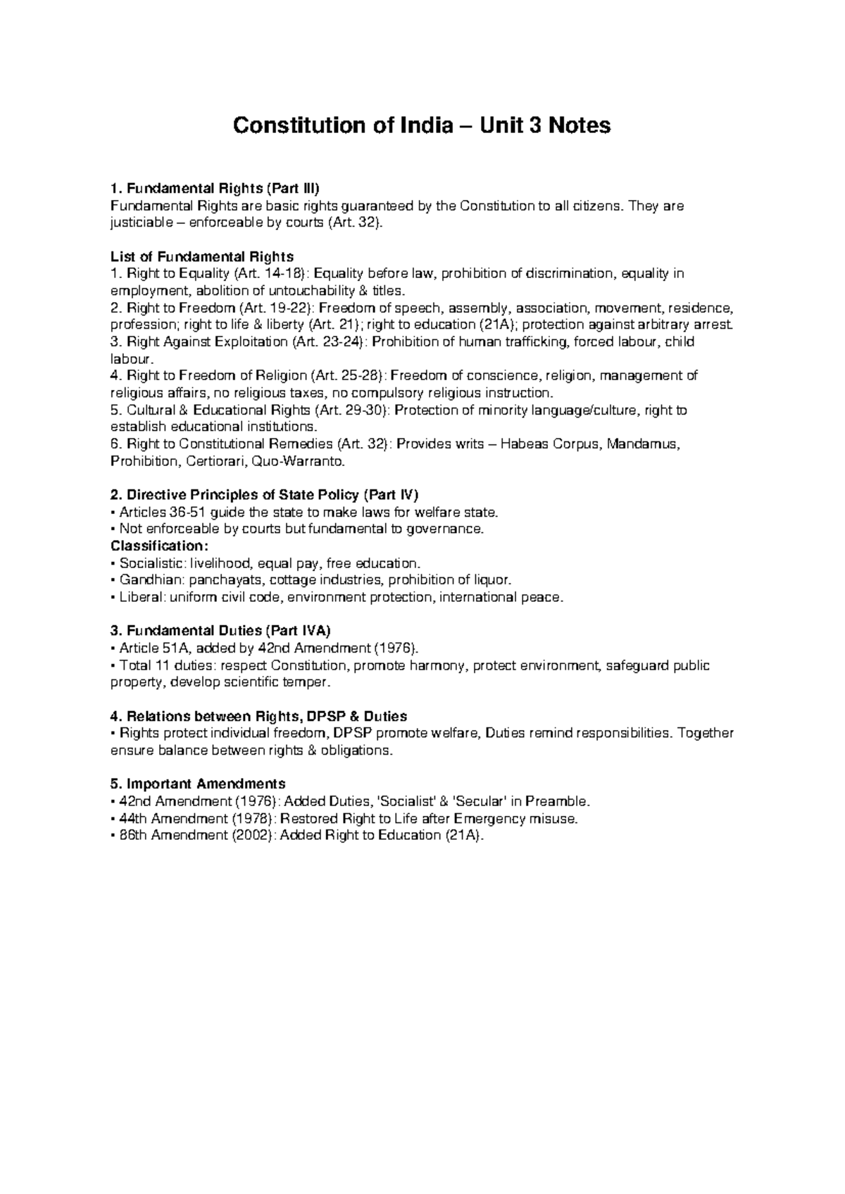 COI Unit 3 Notes: Fundamental Rights & Duties Overview - Studocu