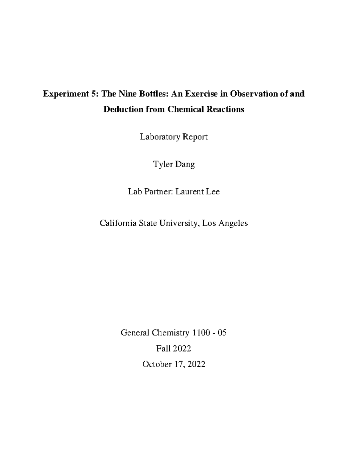 Experiment 5 Pre Lab: Observations in Chemical Reactions - Chem 1100 ...