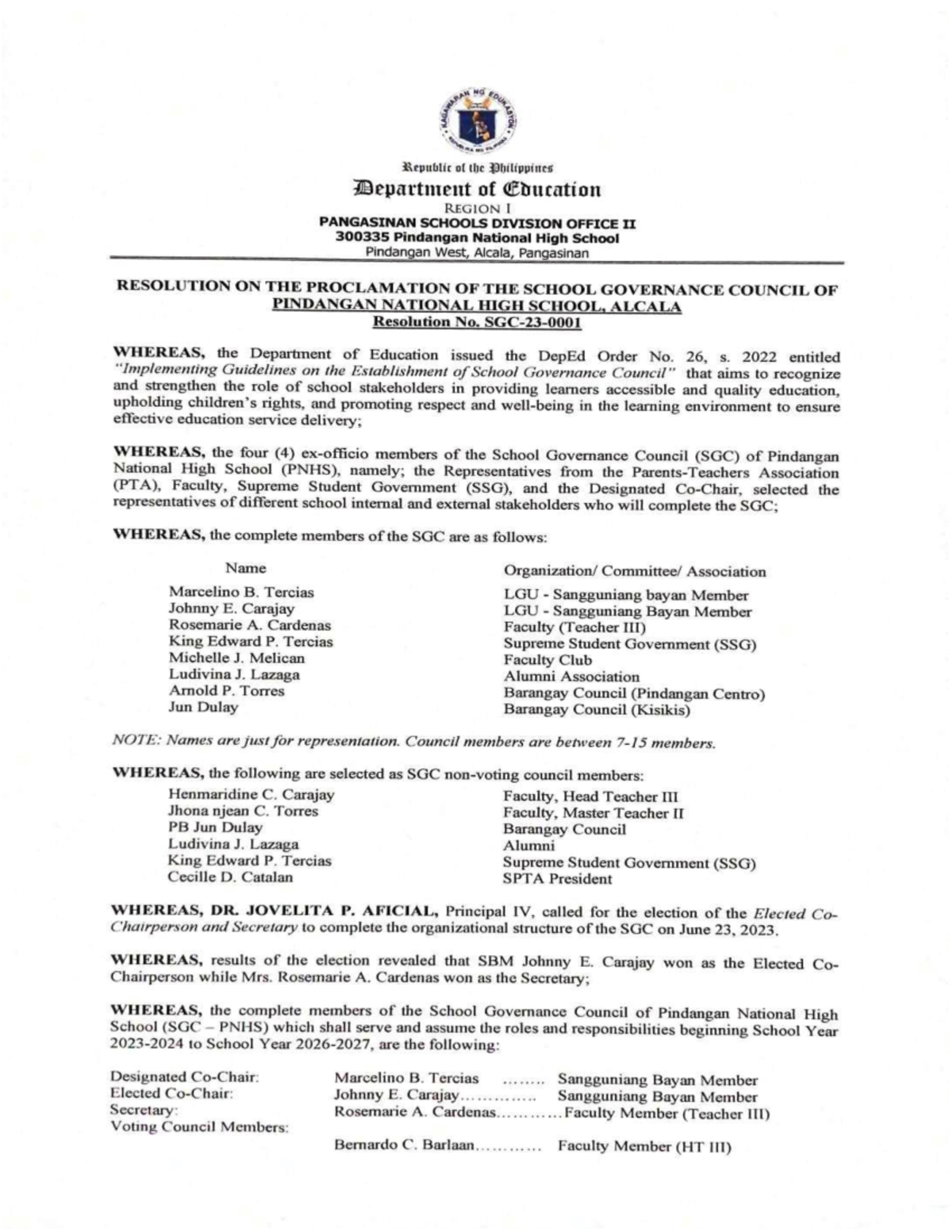 PNHS School Governance Council Proclamation Resolution 2023 - Studocu