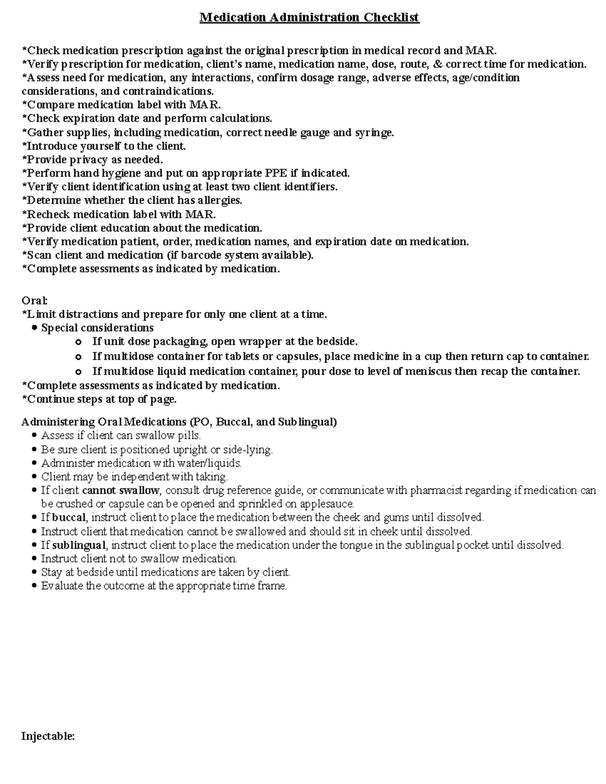 Medication Administration Checklist and Guidelines for Nurses - Studocu