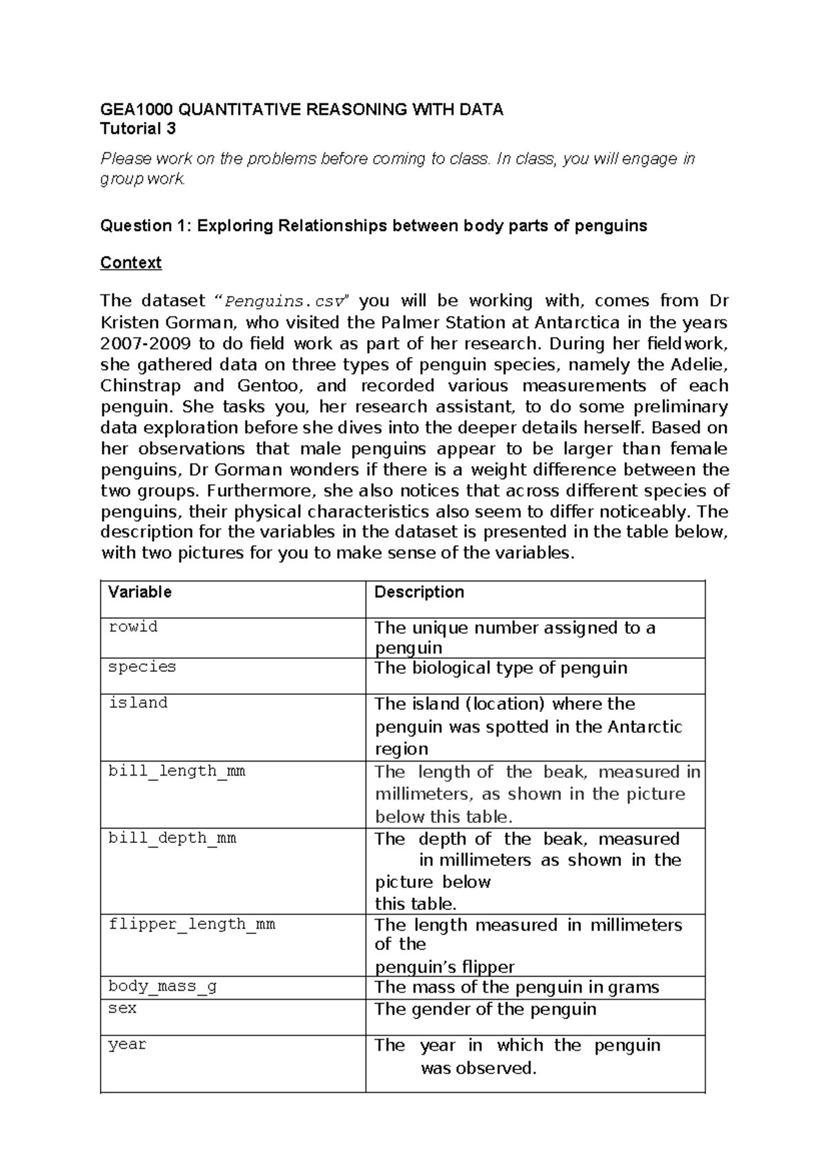 QUANTITATIVE REASONING WITH DATA Tutorial 3: Exploring Penguin Morphology and - Studocu