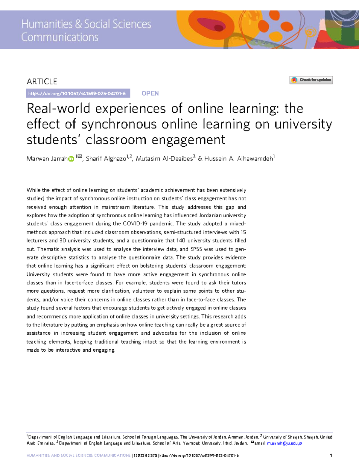 HUMANITIES AND SOCIAL SCIENCES COMMUNICATIONS (2025) - Synchronous ...