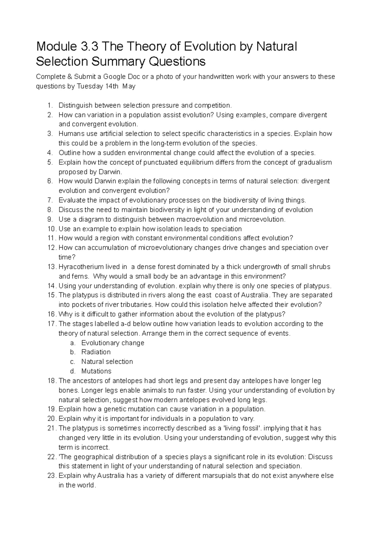 Module 3.3 Summary Questions on Evolution & Natural Selection - Studocu