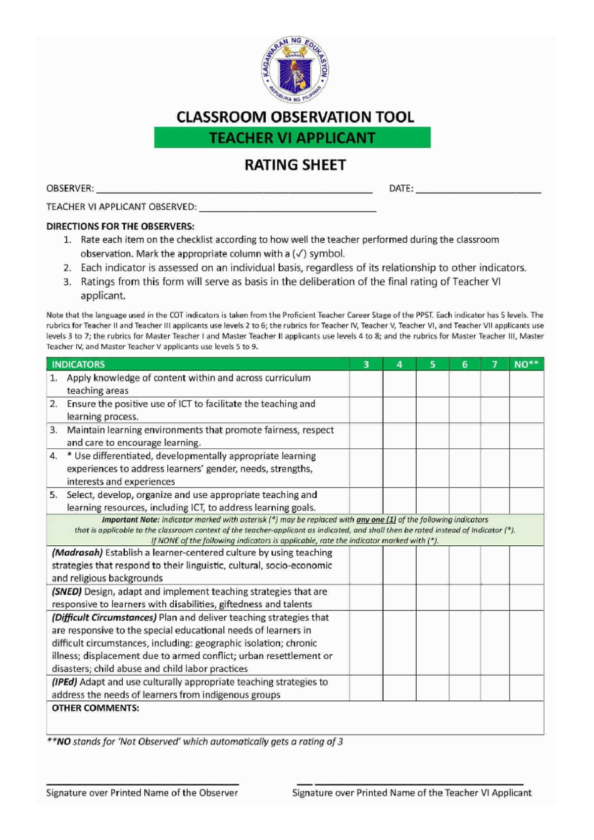 T-VI Classroom Observation Tool: Teacher Applicant Rating Sheet - Studocu