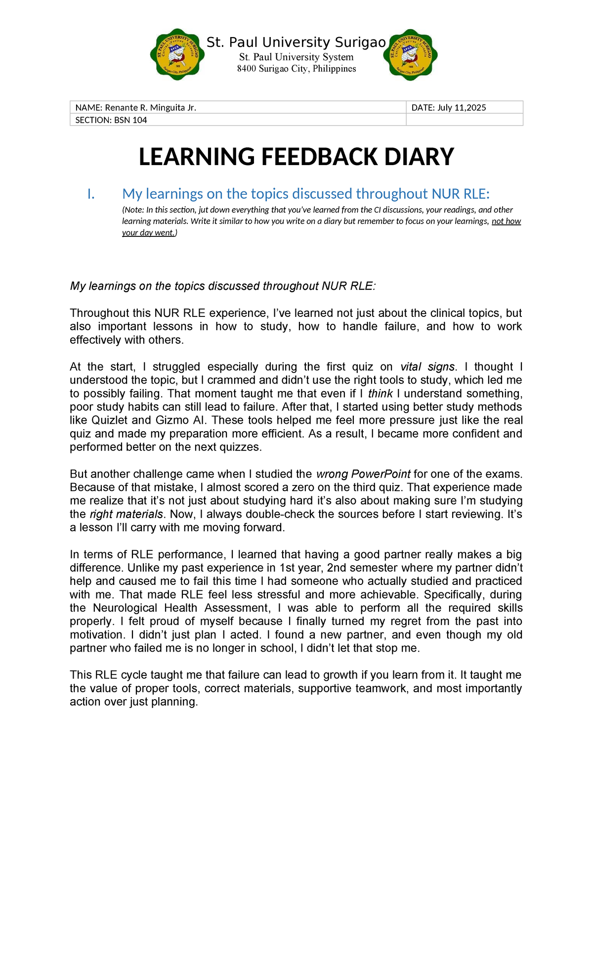 NUR RLE Learning Feedback Diary: Insights and Growth - Studocu