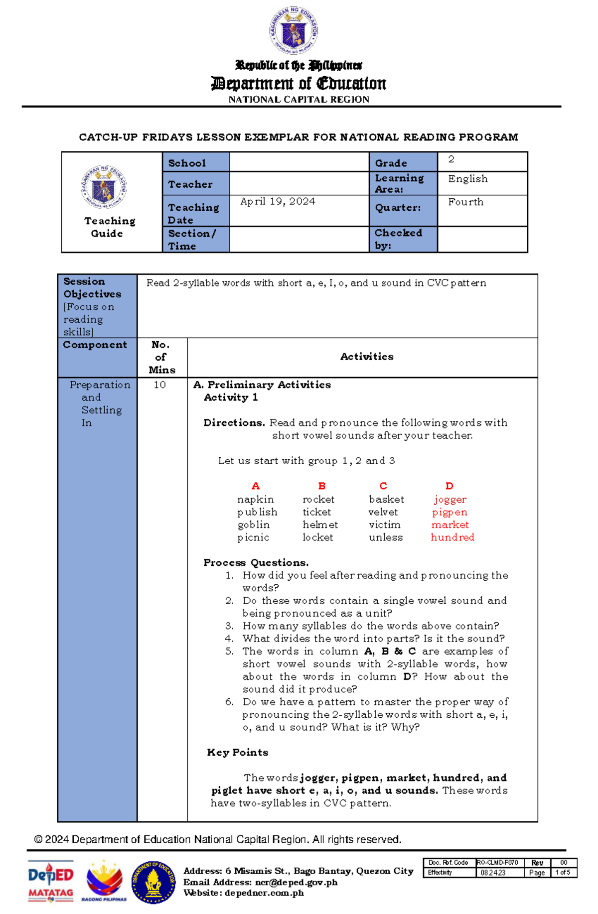 NRP ENG G02 APR 19 - Lesson Plan on CVC Words and Short Vowel Sounds ...