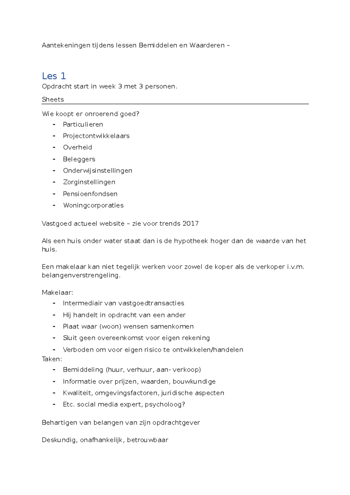 Aantekeningen Bemiddelen en Waarderen Les 1 & 2 - Cursusoverzicht ...