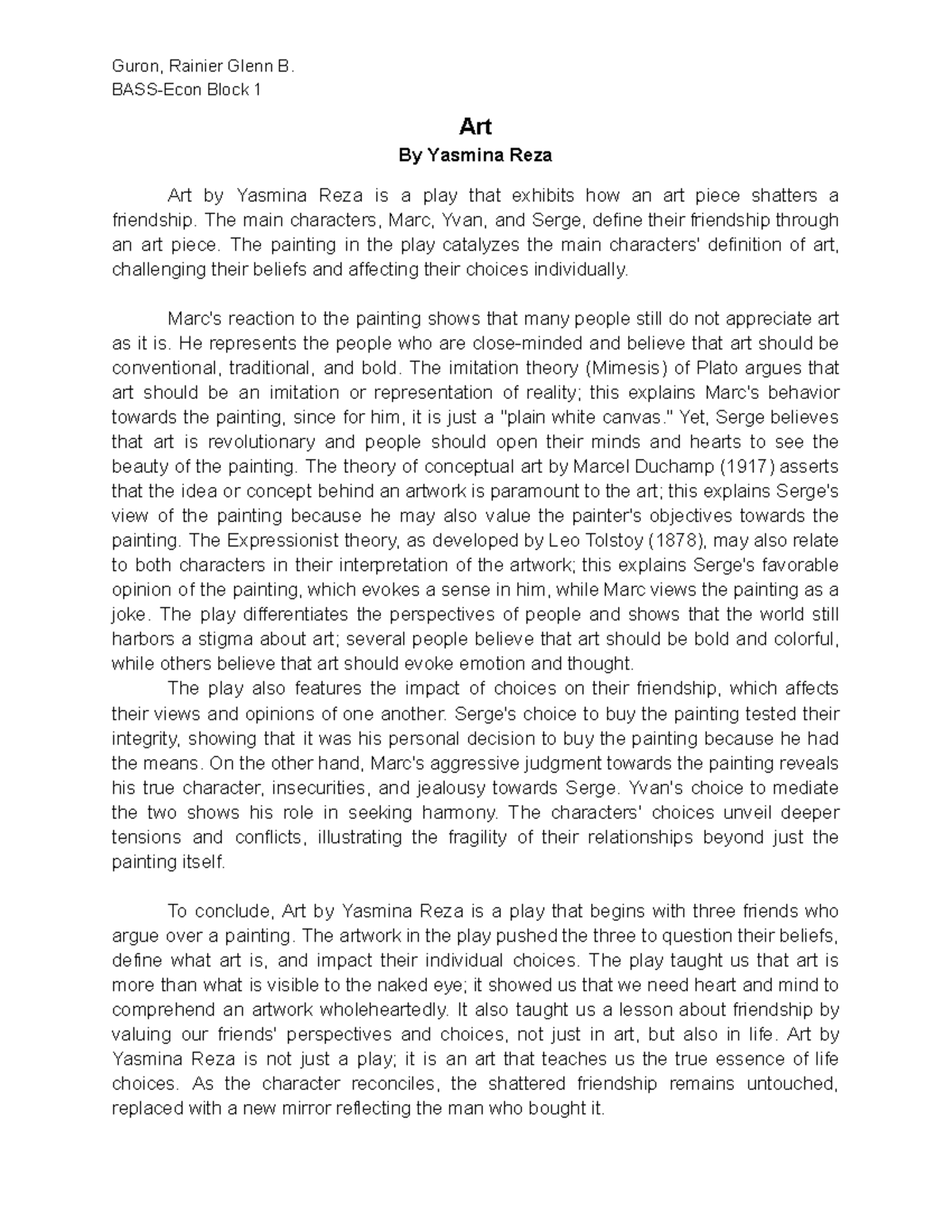 Art by Yasmina Reza: Exploring Friendship and Choices in Block 1 - Studocu