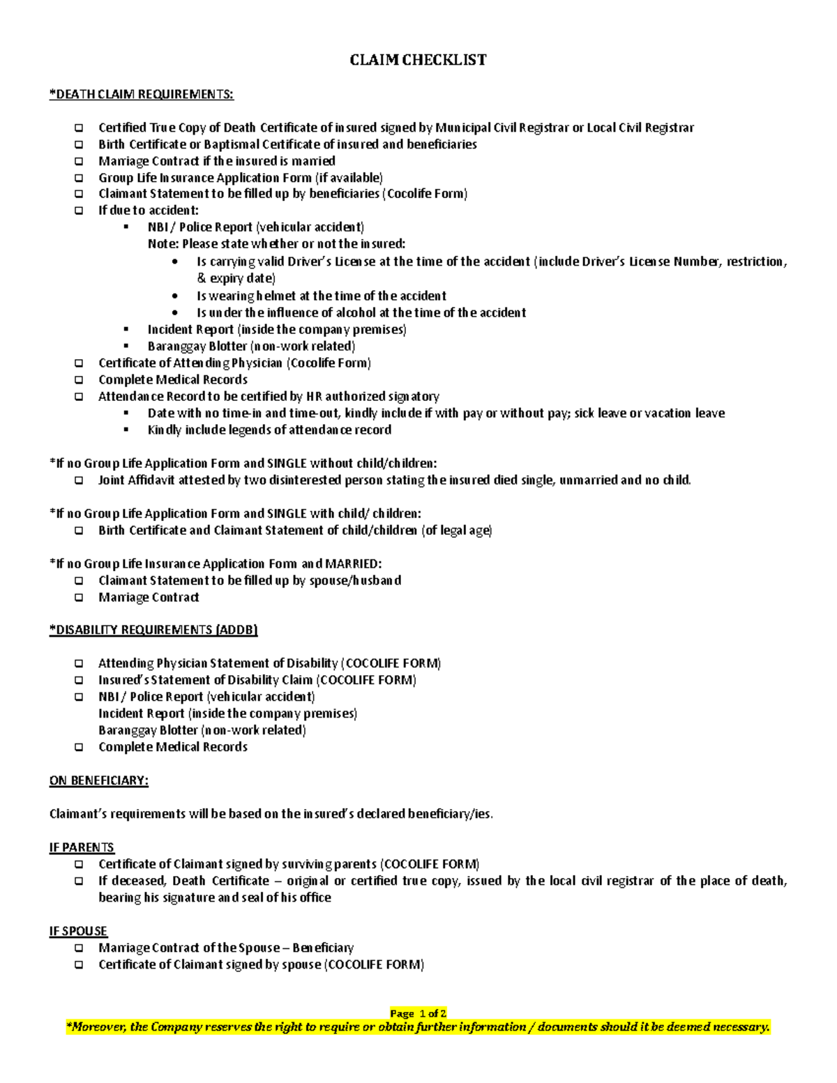 Claims - Note - CLAIM CHECKLIST Page 1 of 2 *Moreover, the Company ...