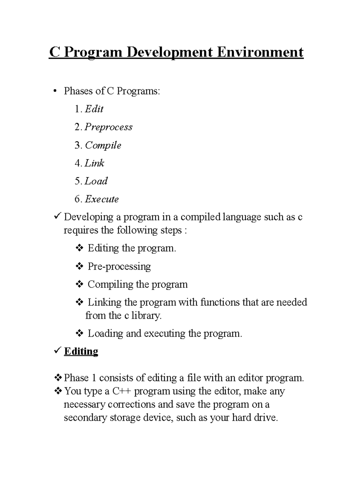 C Program Development Environment C Program Development Environment Phases Of C Programs Edit