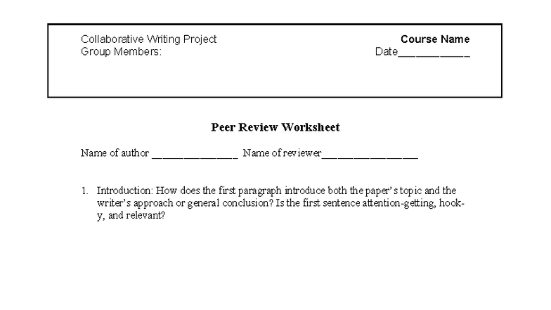 Collab Writing Project Peer Review Worksheet - Studocu