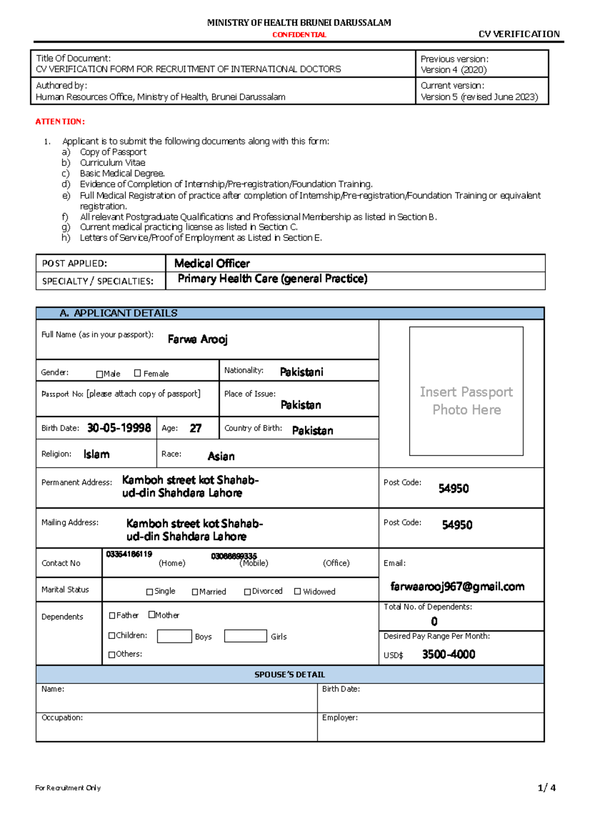 CV Verification Form for International Doctors Recruitment - MOH Brunei ...