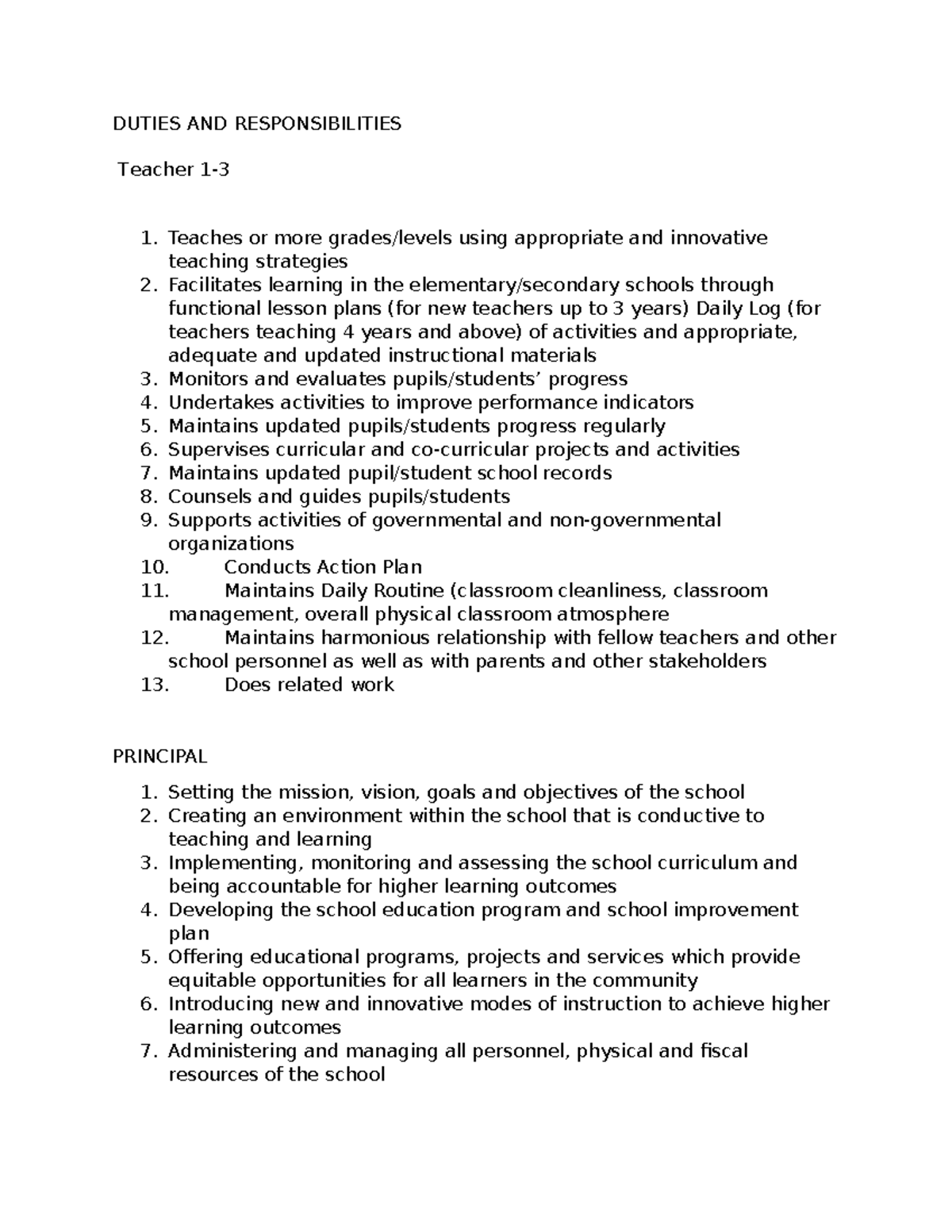 Duties and Responsibilities of Teacher 1: A Comprehensive Guide - Studocu