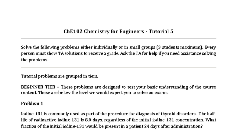 ChE102 - Chemistry for Engineers Tutorial 5 Solutions Guide - Studocu