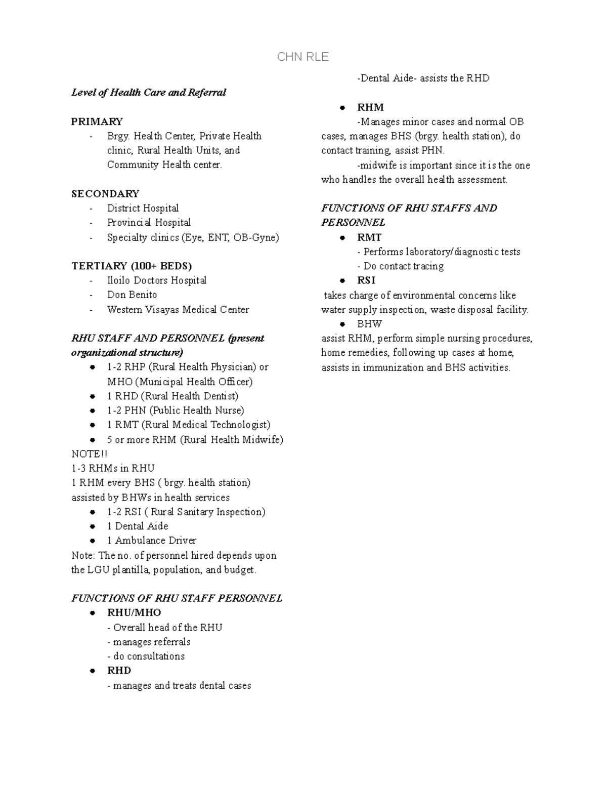 CHN-RLE: Functions and Structure of Rural Health Units - Studocu
