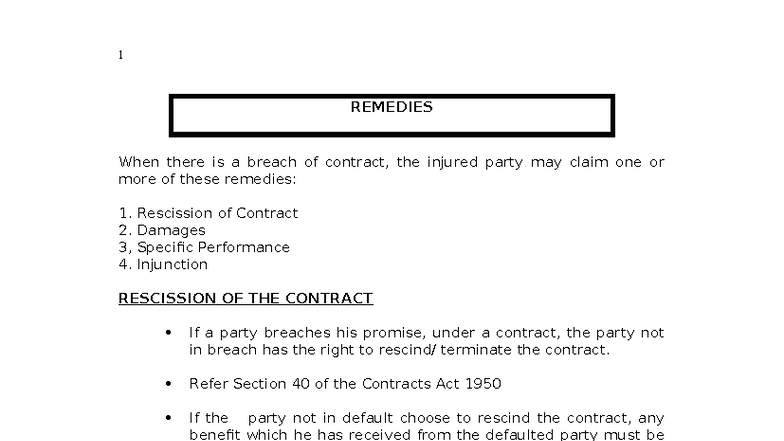 Contract 4 - Law: Remedies for Breach of Contract - Studocu