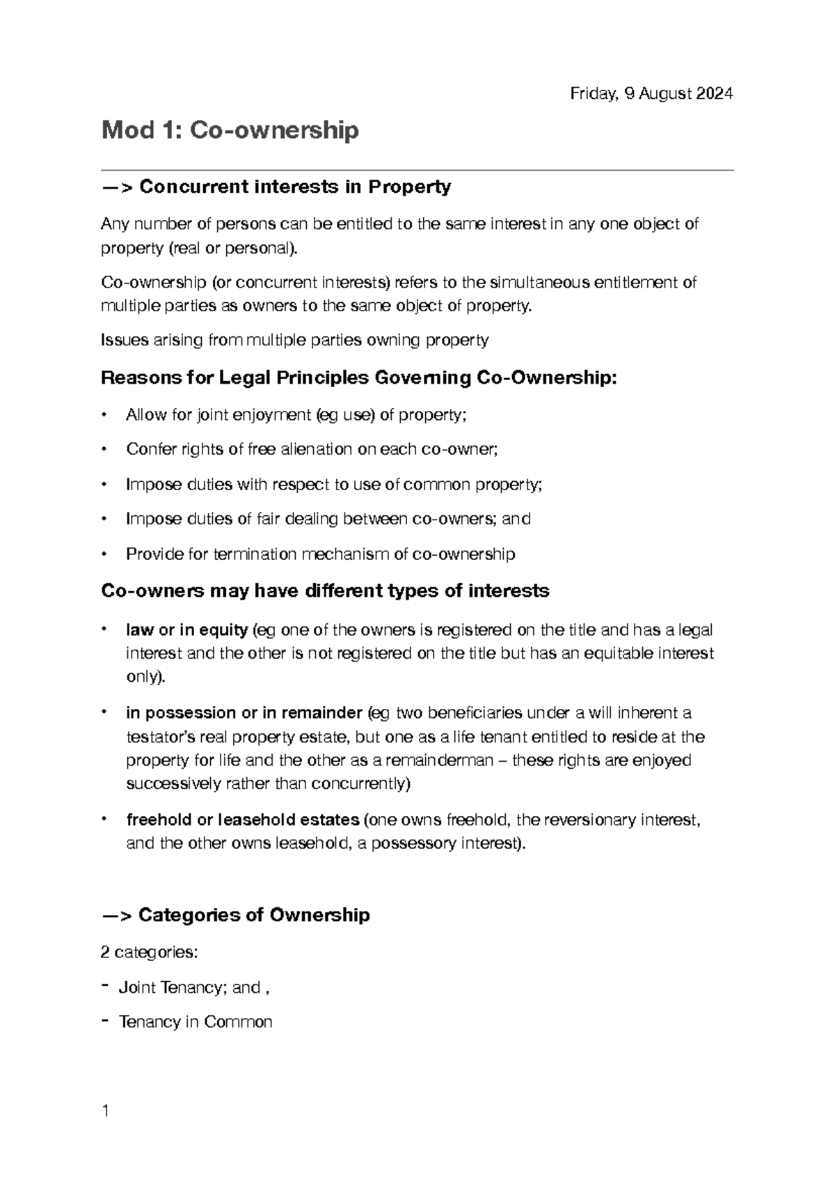 M1: Co-ownership - Lecture Notes Overview 2024 - Studocu