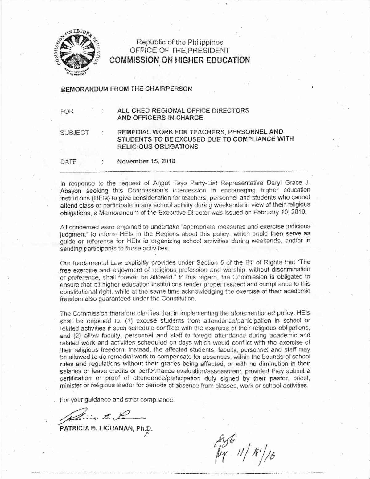 CHED Memo on Remedial Work for Religious Absences - Studocu