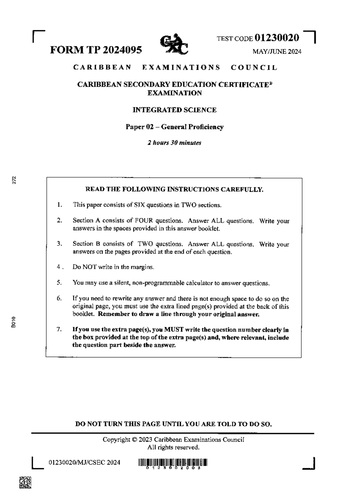 CSEC Integrated Science Paper 02 Exam 2024 - General Proficiency - Studocu