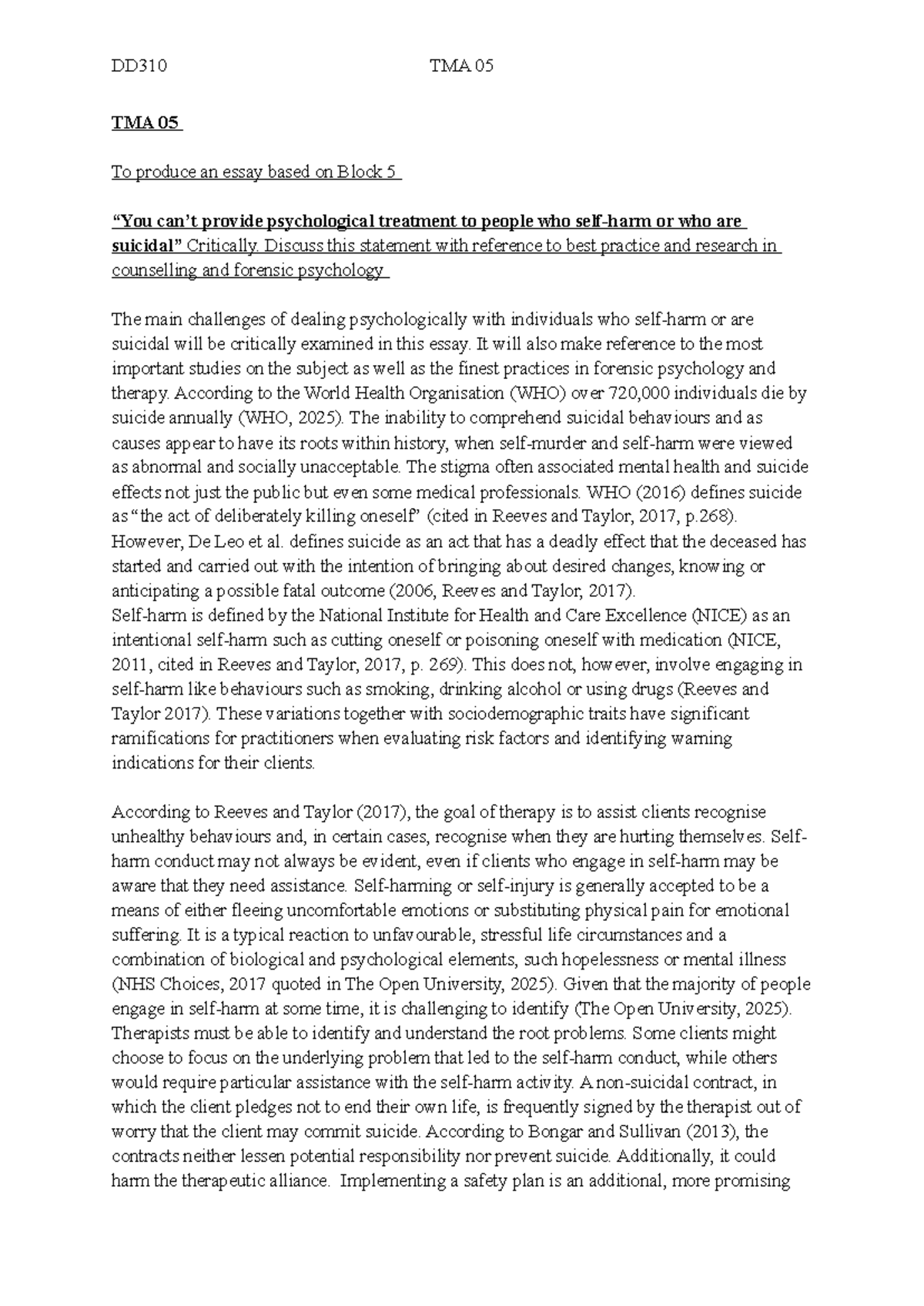 DD310 TMA 05 - Essay on Psychological Treatment for Suicidal ...