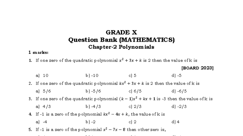 Chapter 2: Polynomials Question Bank (MATHEMATICS) - Studocu
