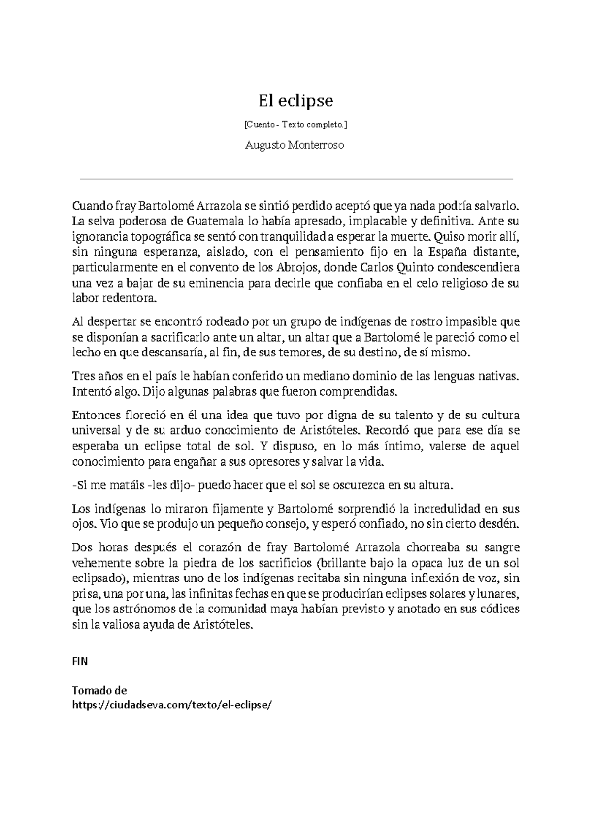 El eclipse de Augusto Monterroso - El eclipse [Cuento - Texto completo ...