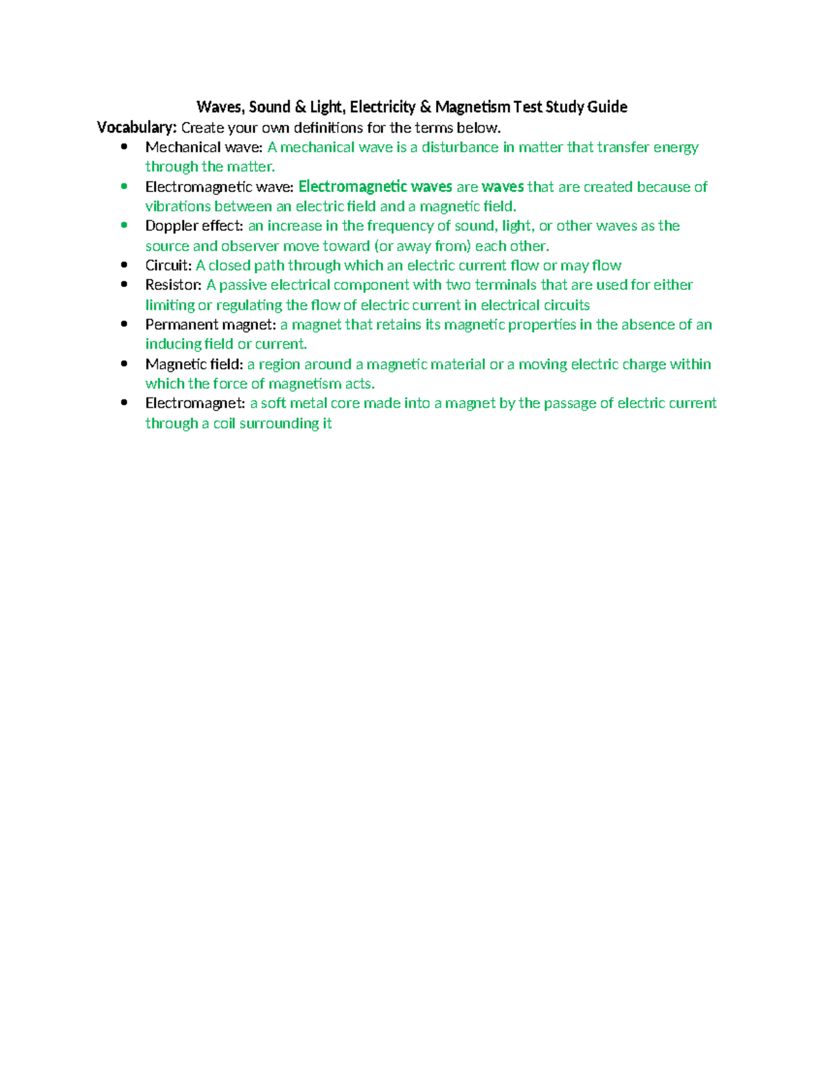 Waves, Sound, & Light - Electricity & Magnetism Test Study Guide - Studocu