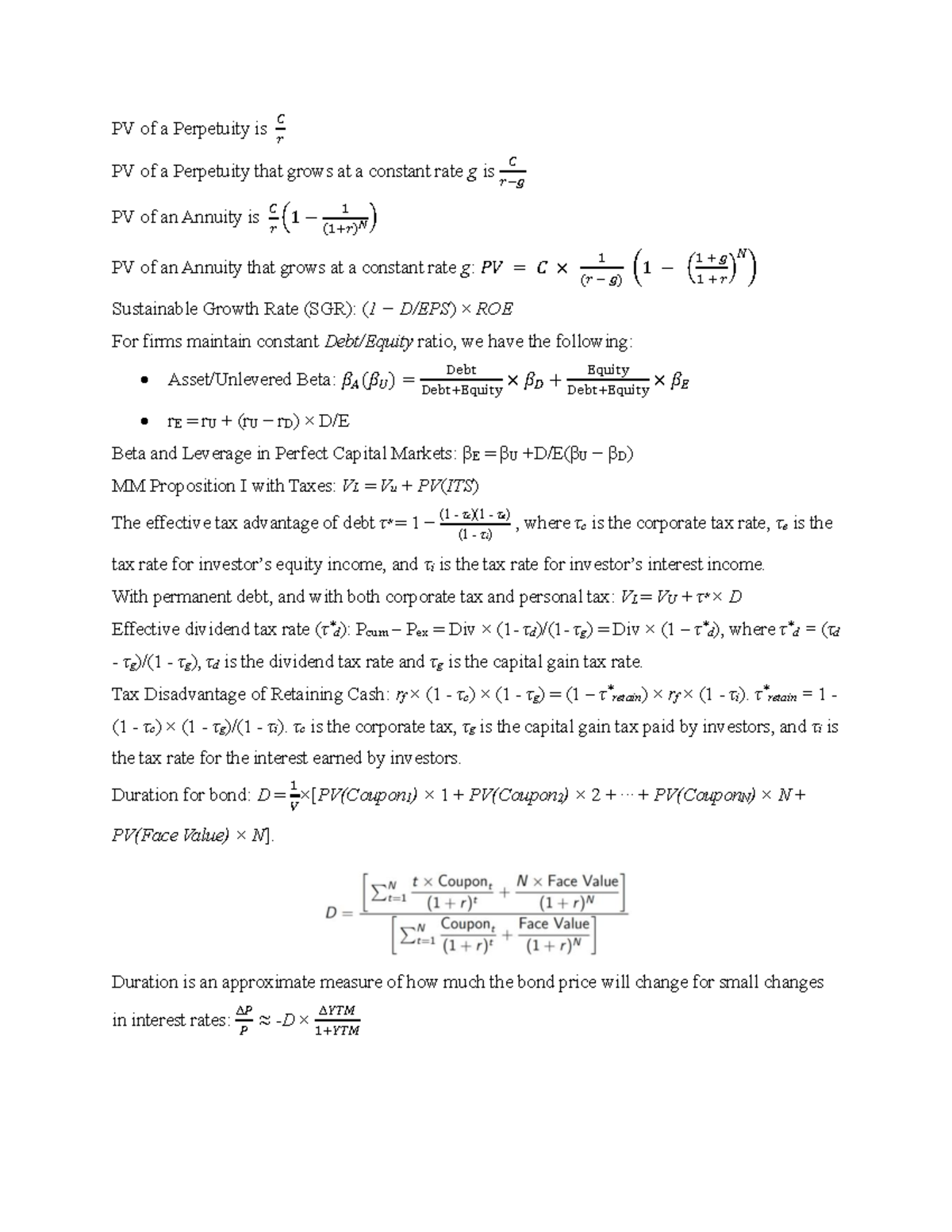 Formula Sheet for Finance: PV of Perpetuity & Annuity Concepts - Studocu