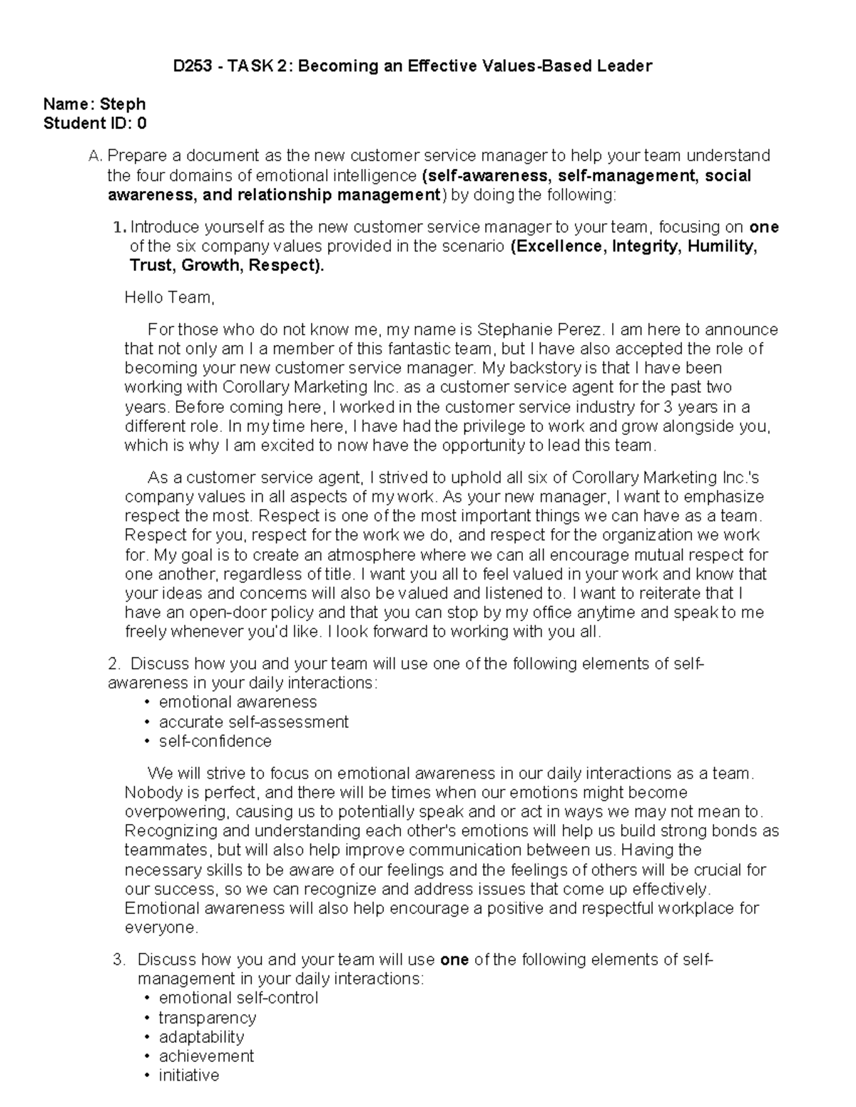 D253 - TASK 2 - Strategies for Effective Leadership and Emotional ...