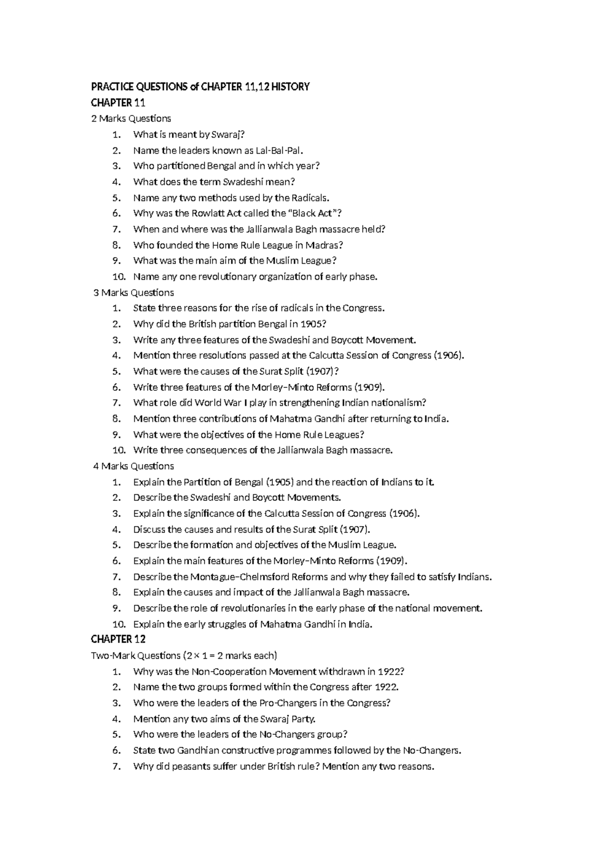 Practice Questions for History CH 11 & 12 - Class 8 Term 2 - Studocu