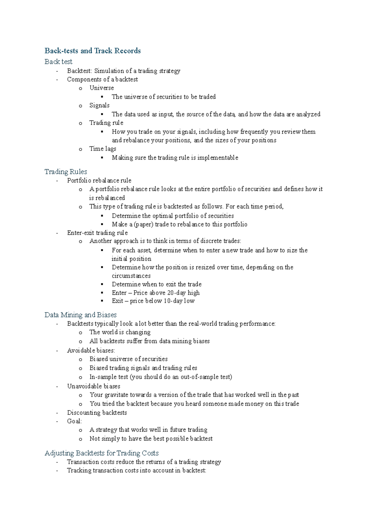 Lecture 10: Back-tests and Track Records in Trading Strategies - Studocu