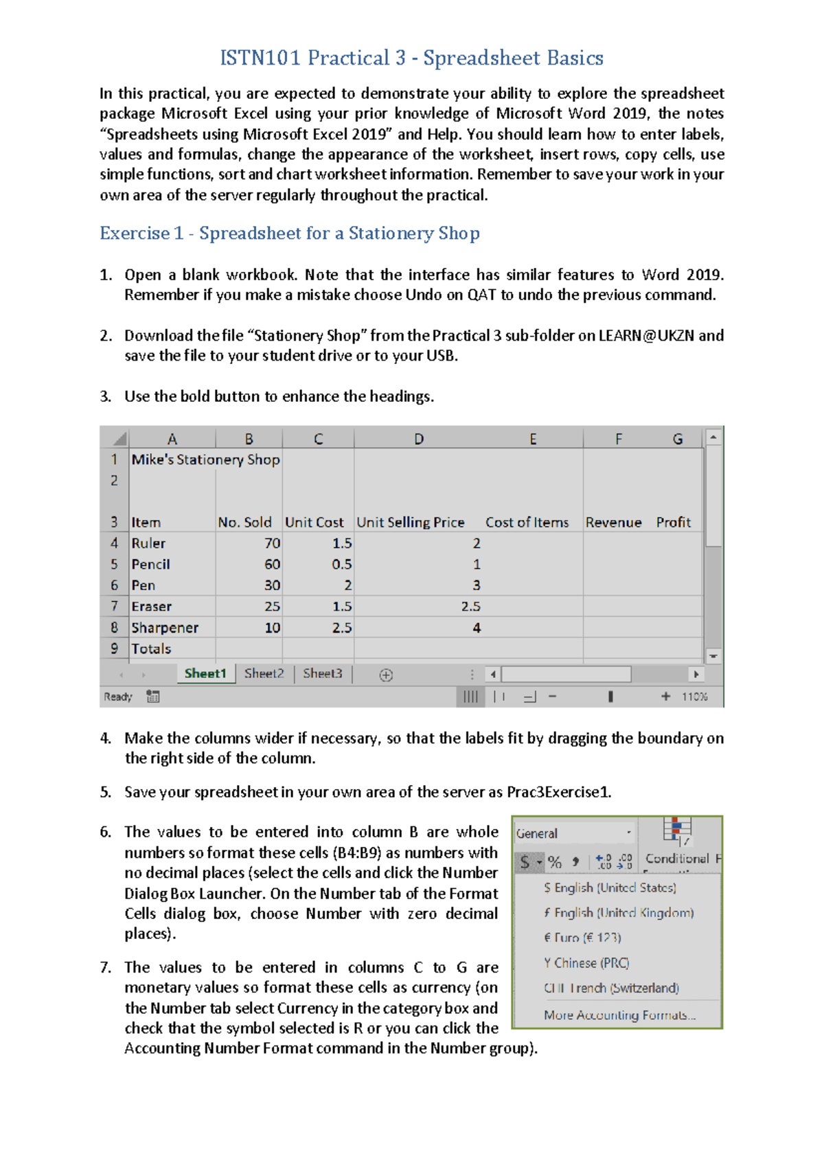 ISTN101 Practical 3 - Exploring Excel 2019: Spreadsheet Basics - Studocu