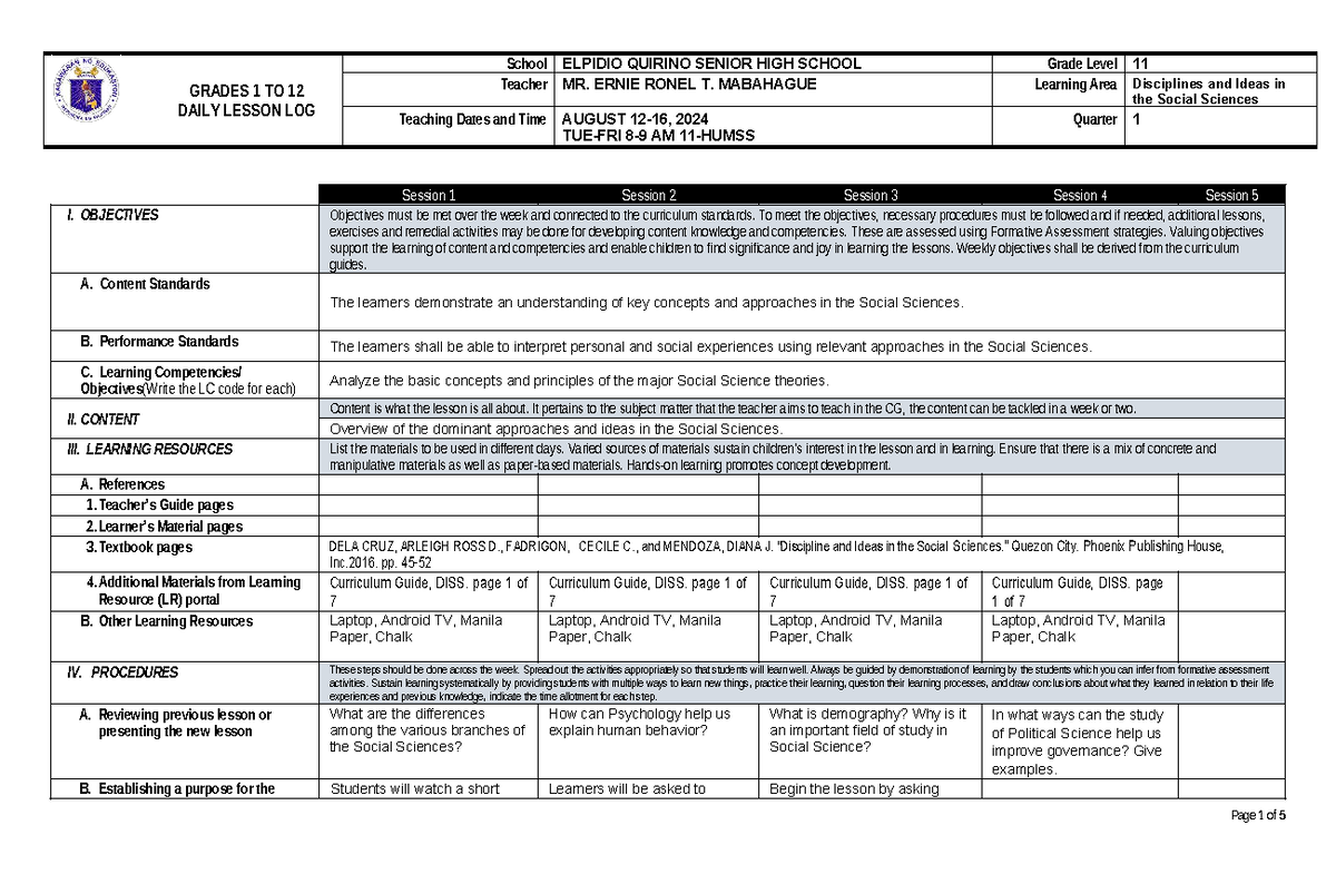 DISS 11 Week 3 Daily Lesson Log for Social Science Concepts - Studocu