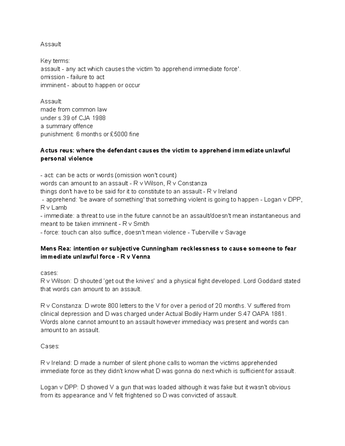 Assault Notes and Key Case Law Analysis for CJA 1988 - Studocu
