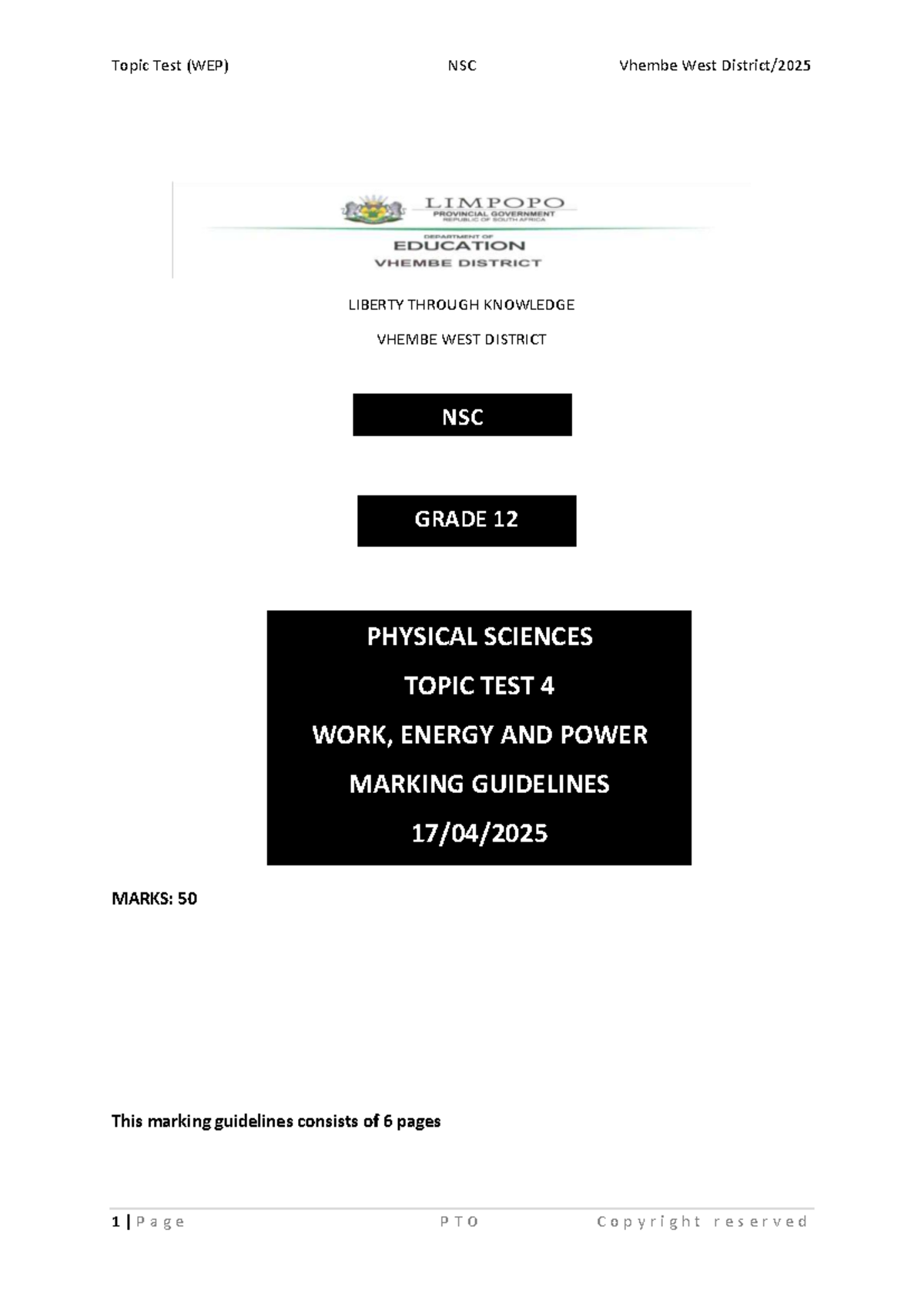 Topic Test (WEP) NSC Grade 12 Physical Sciences: Work, Energy & Power ...