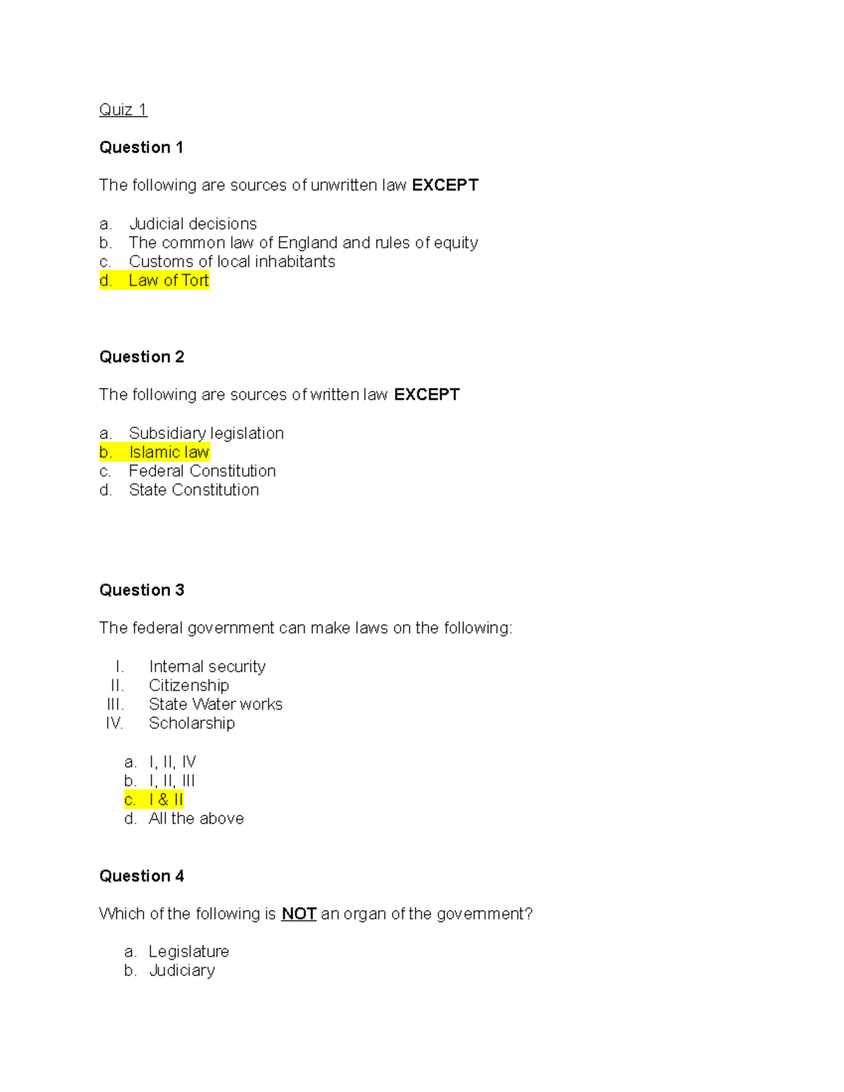 Quiz 1: Key Concepts in Law - Sources and Jurisdiction - Studocu