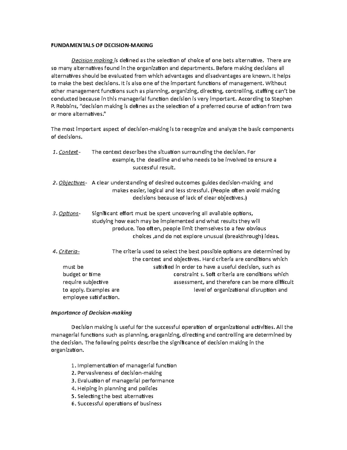 Fundamentals-OF- Decision - FUNDAMENTALS OF DECISION-MAKING Decision making is defined as the ...